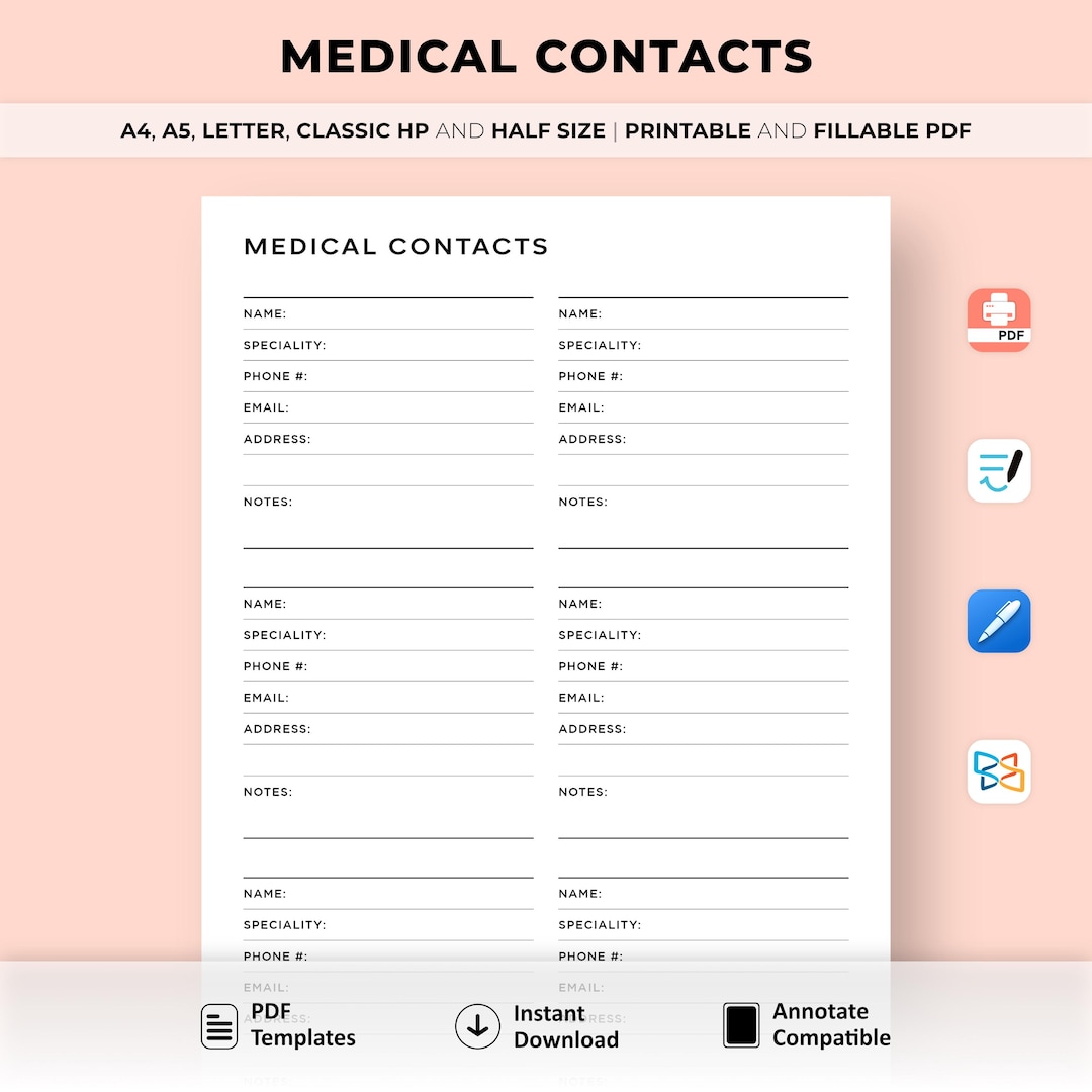 Medical Contacts List Template, Healthcare Contacts, Doctor Contacts ...