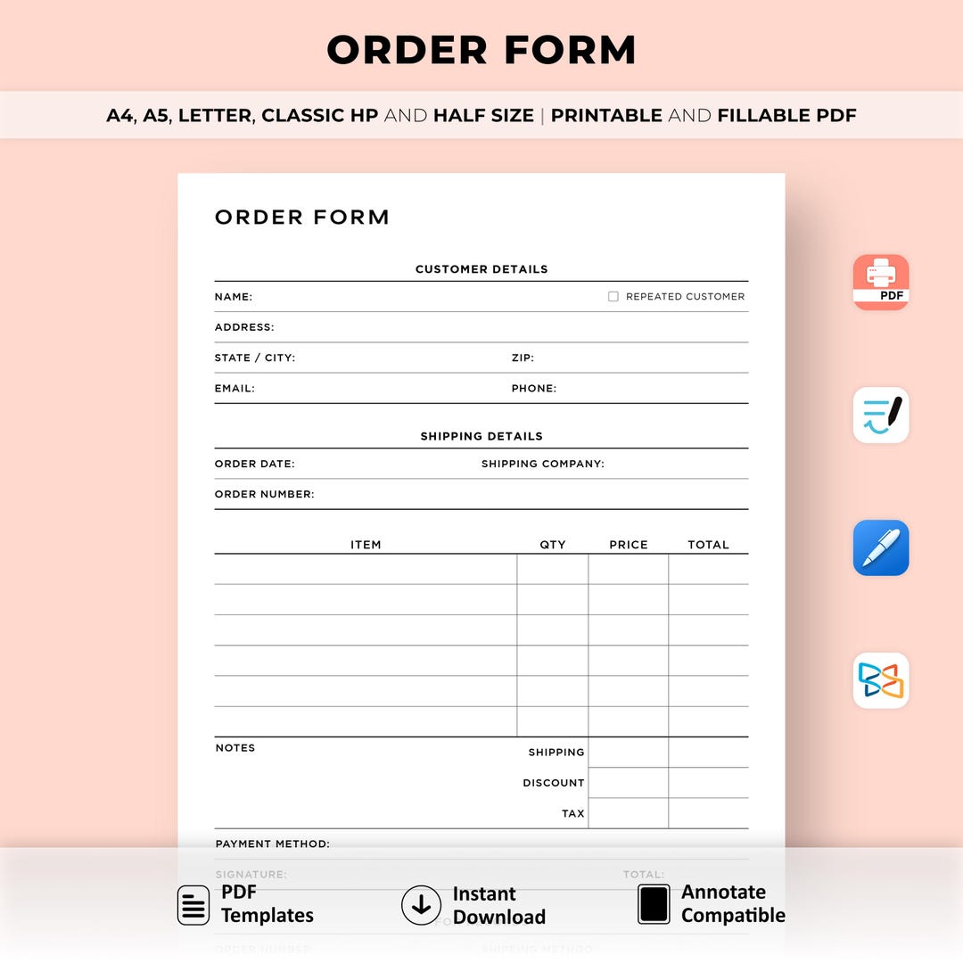 Order Form Template Printable, Order Form for Small Business, Purchase ...