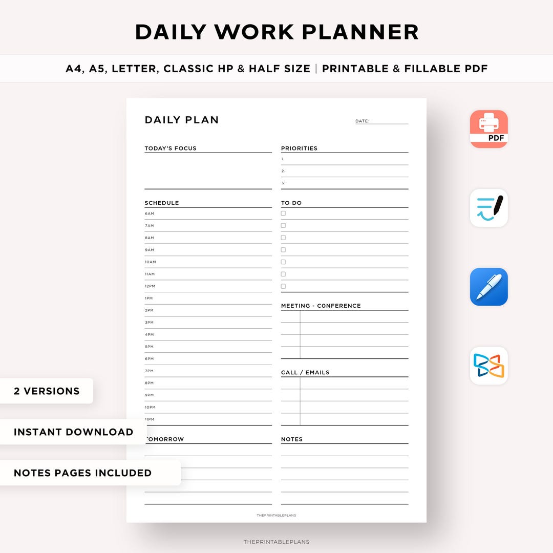 Daily Work Planner, Office Planner Printable, Work From Home, Daily ...