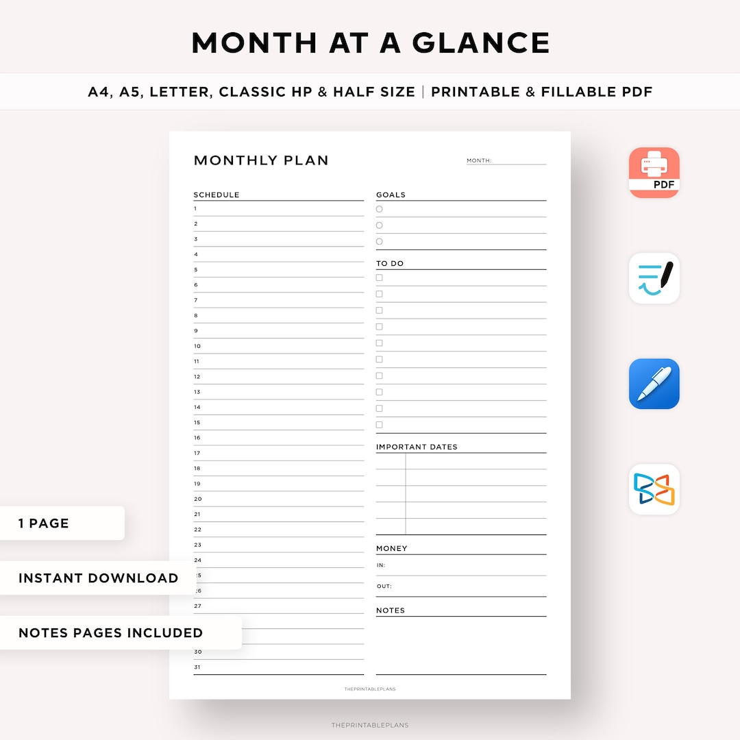 Month at a Glance Printable, Monthly Planner, Monthly Goal Planner, to ...