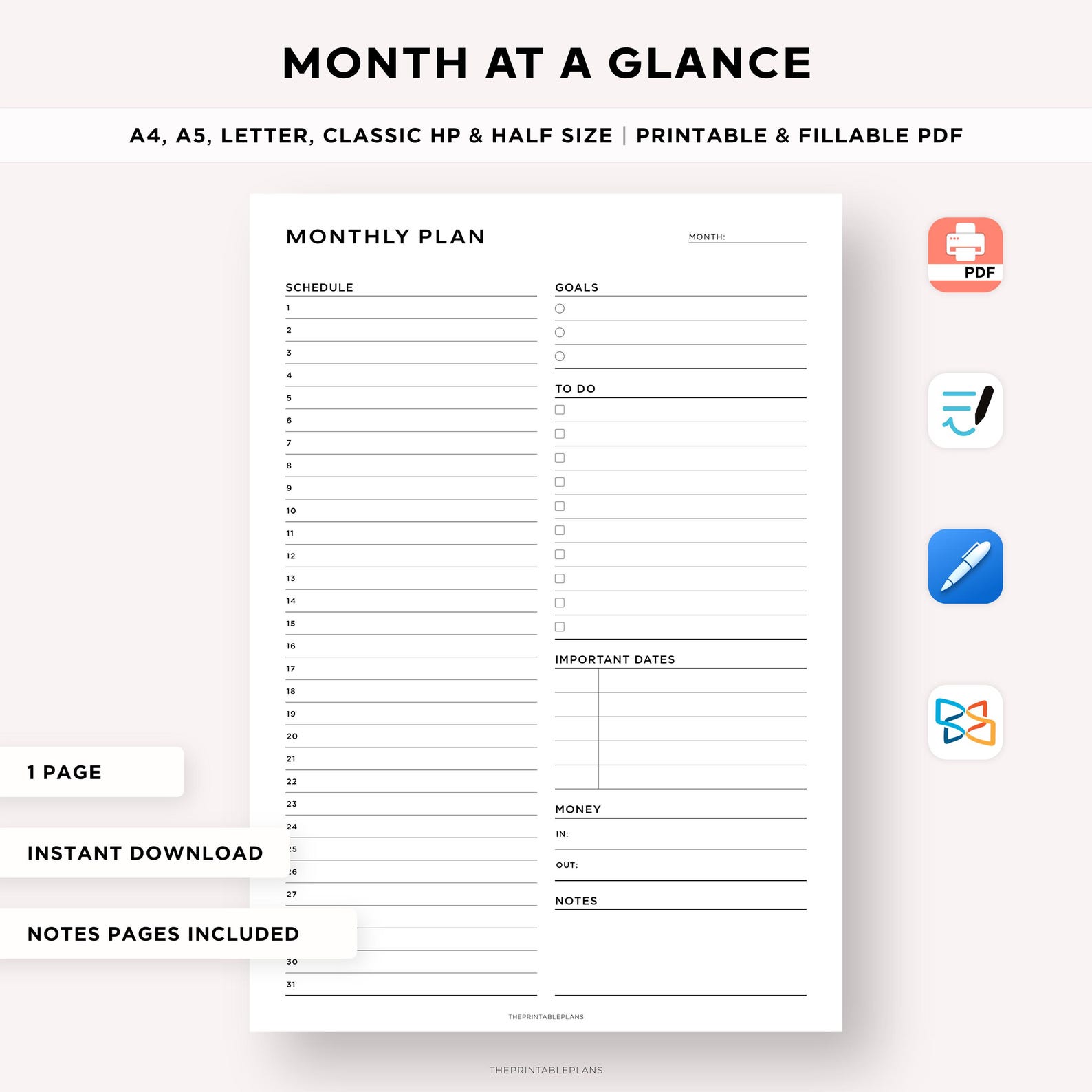 Month at a Glance Printable, Monthly Planner, Monthly Goal Planner, to ...