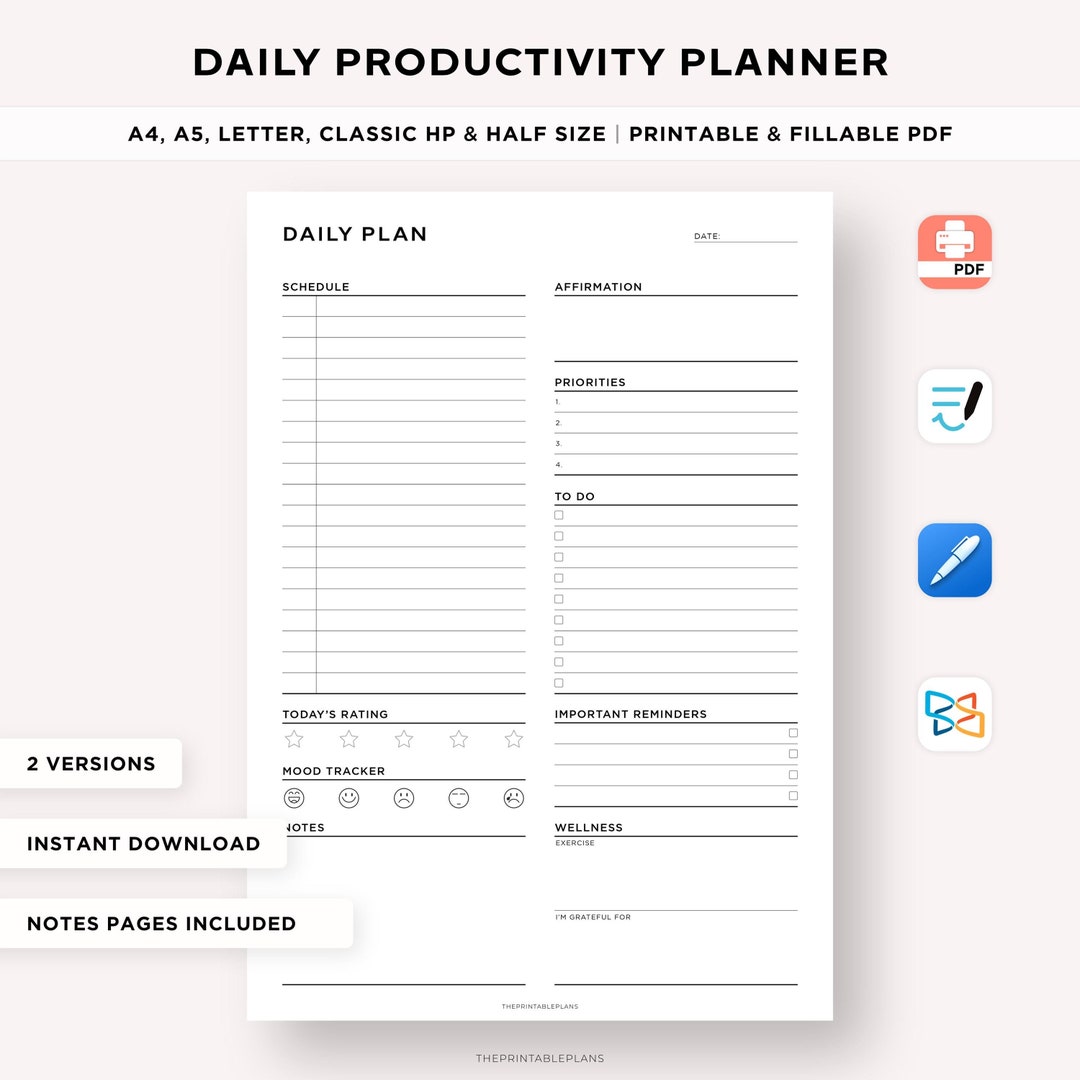 Daily Productivity Planner Printable, Daily Schedule, Daily to Do List ...