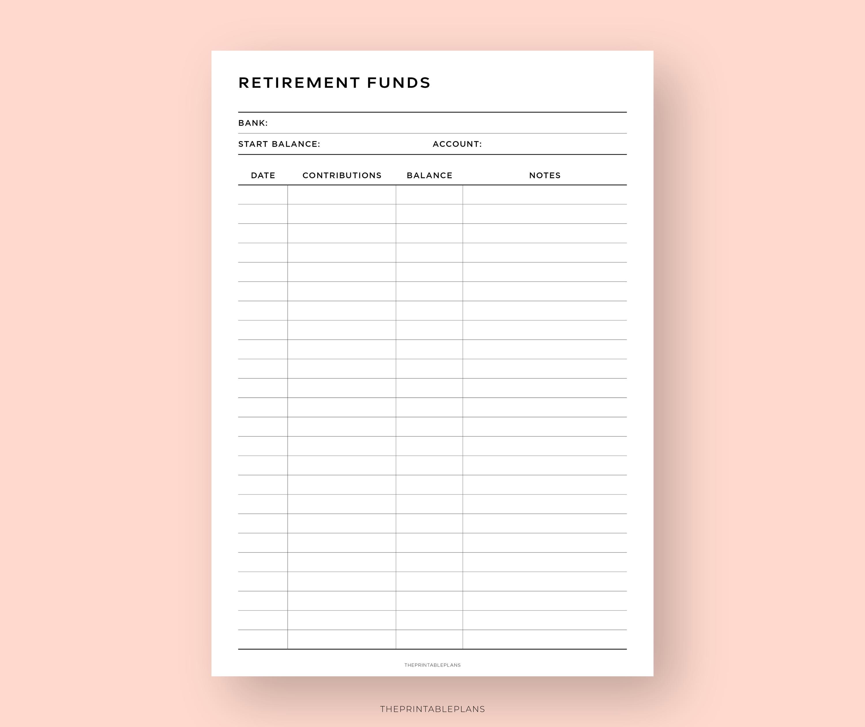Retirement Funds Tracker Printable, Savings Planner, Contribution ...