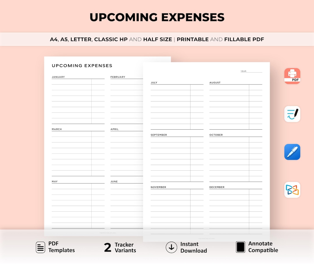 Upcoming Expenses Printable, Yearly Spending Overview, Budget Plan ...