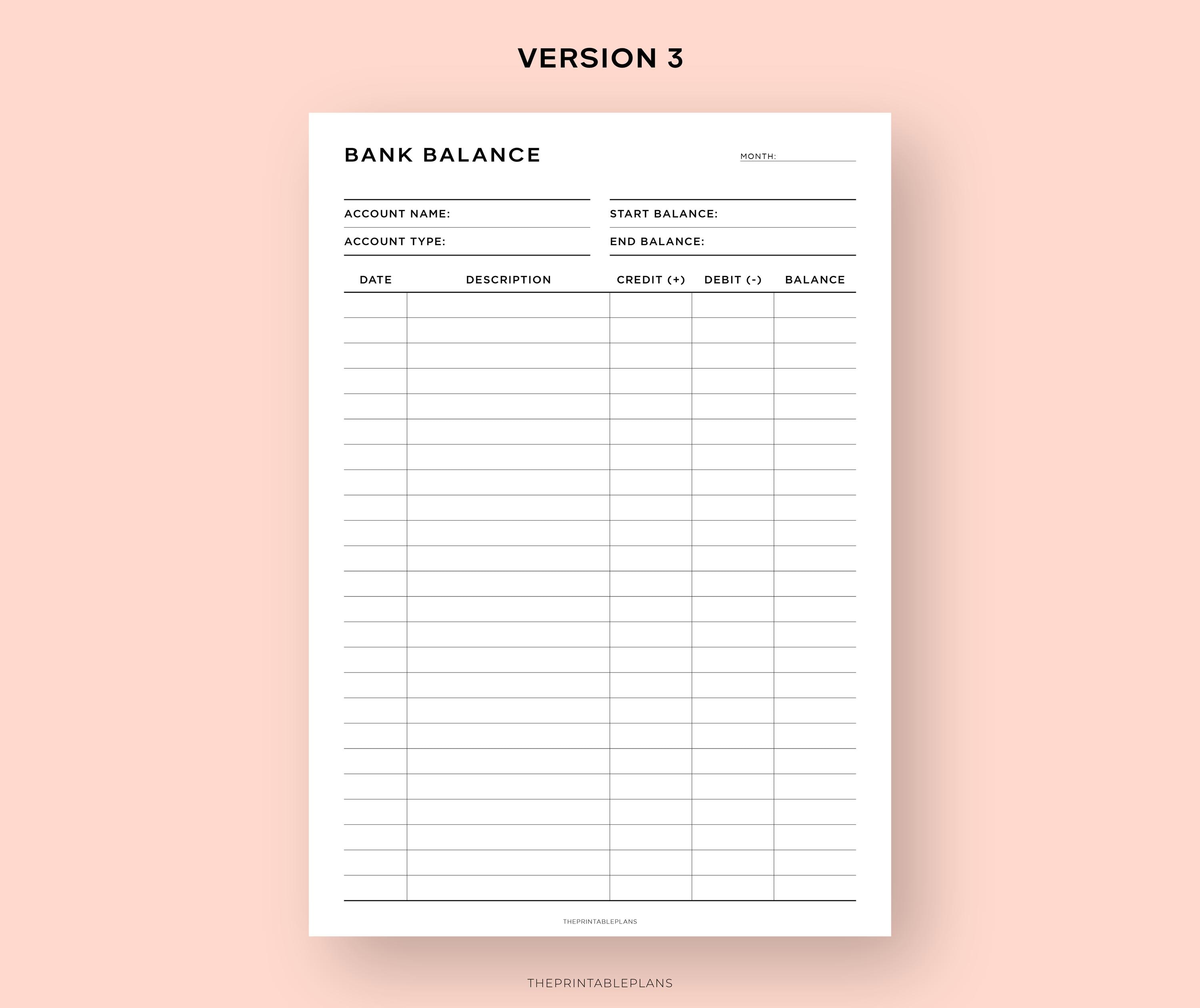 Bank Balance Sheet Printable, Bank Account Transactions Tracker, Bank ...