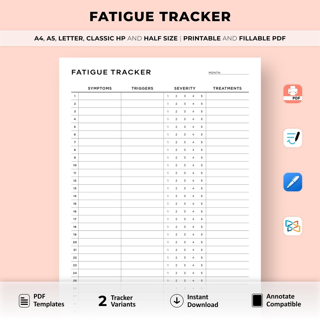 Monthly Fatigue Severity Trackers, Track Daily Fatigue Levels, Medical ...