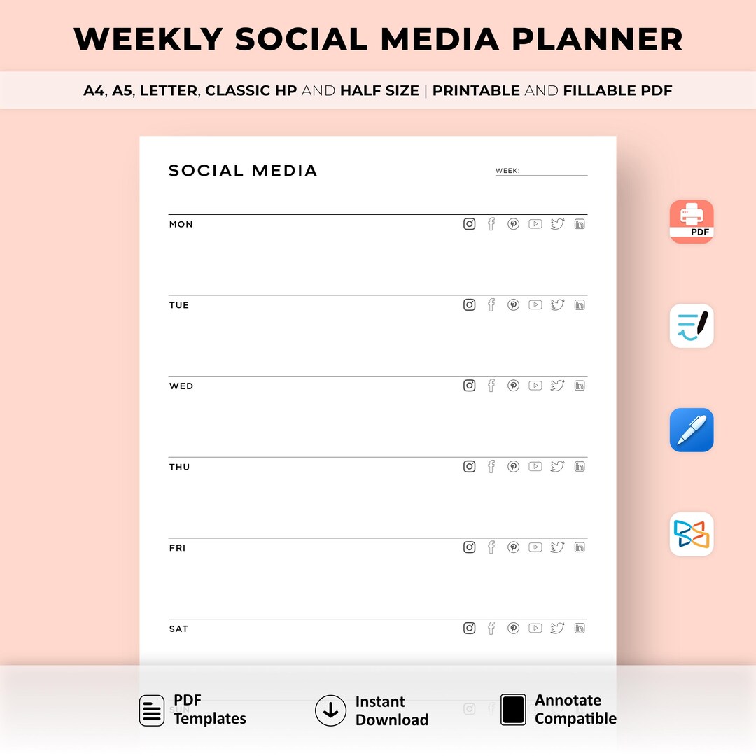 Social Media Planner Printable, Content Post Schedule Planner for ...