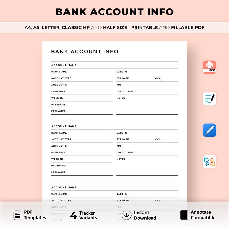 Bank Account Information Tracker, Bank Account Log, Bank Details, A4/a5 ...