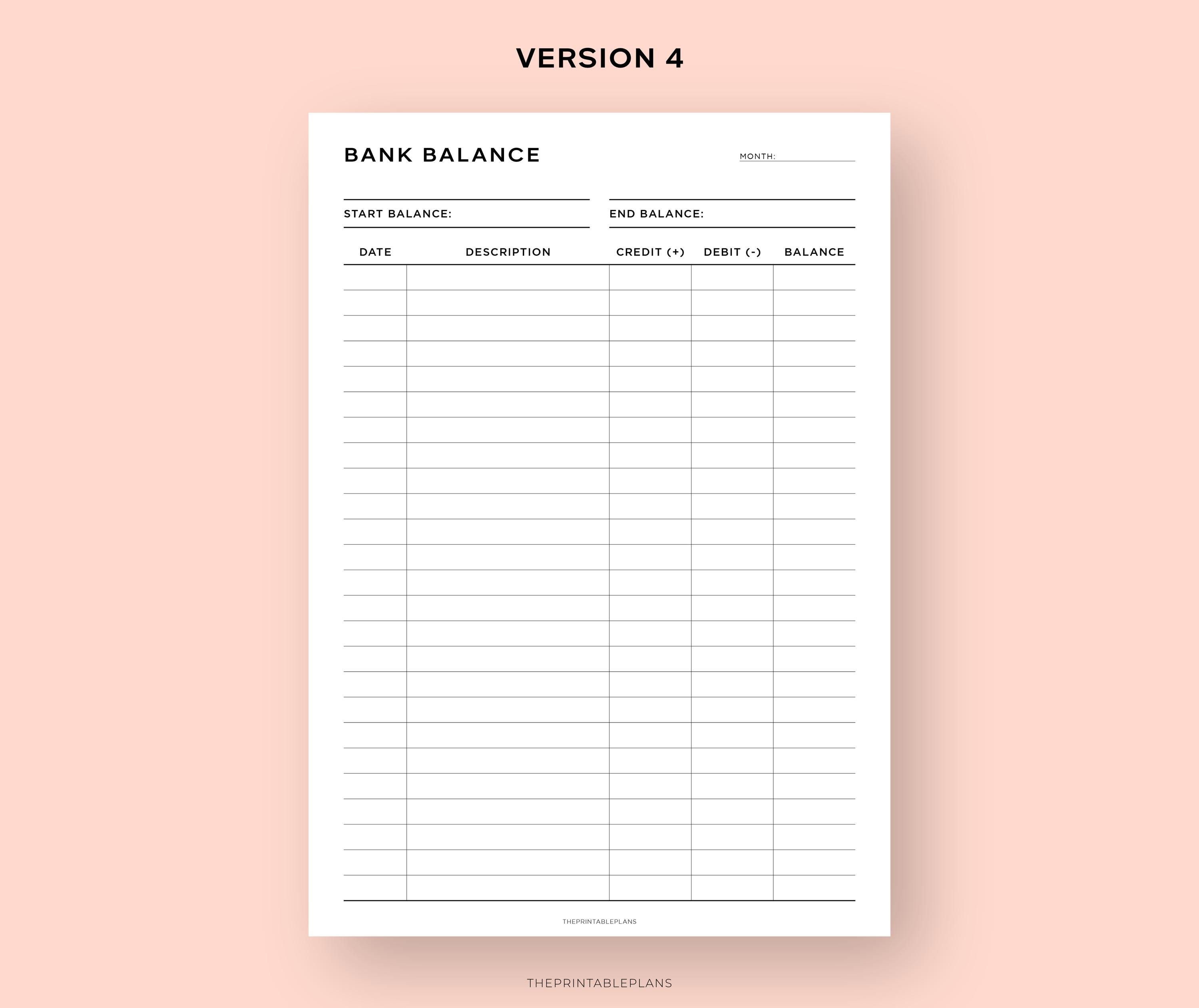 Bank Balance Sheet Printable, Bank Account Transactions Tracker, Bank ...