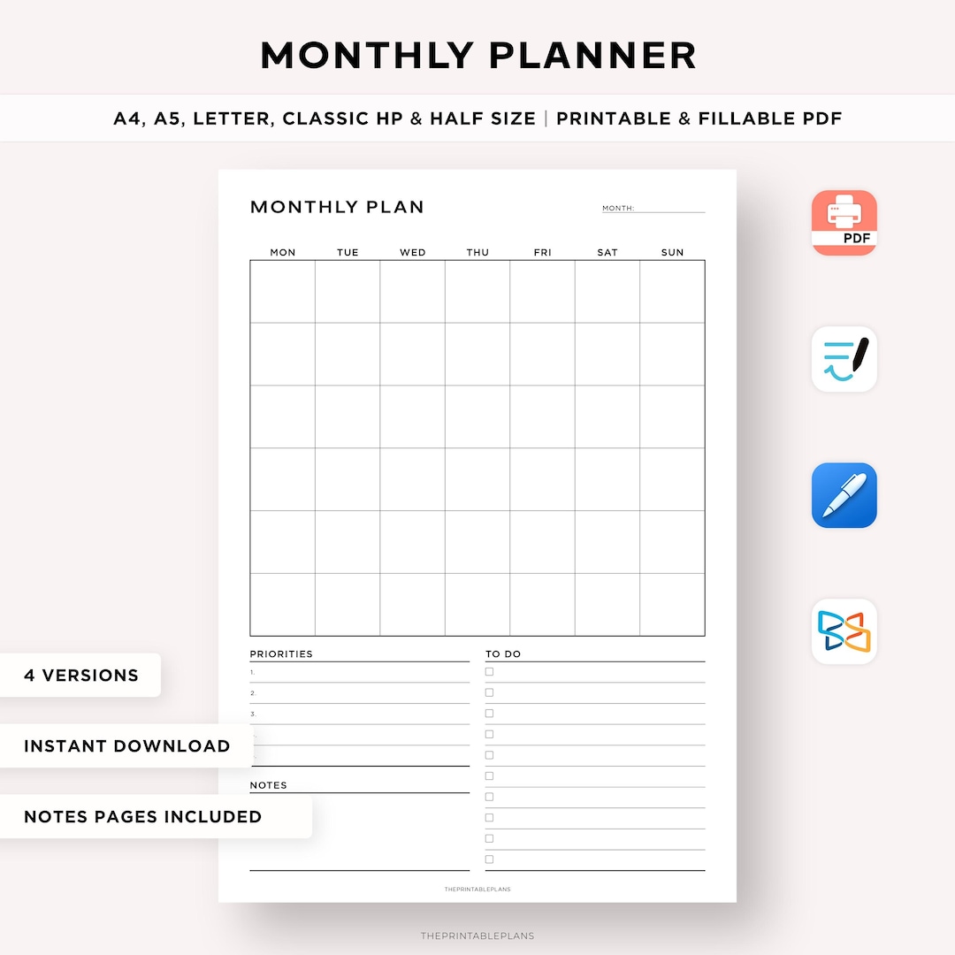 Monthly Planner Printable, Undated Monthly Organizer, Monthly Overview ...
