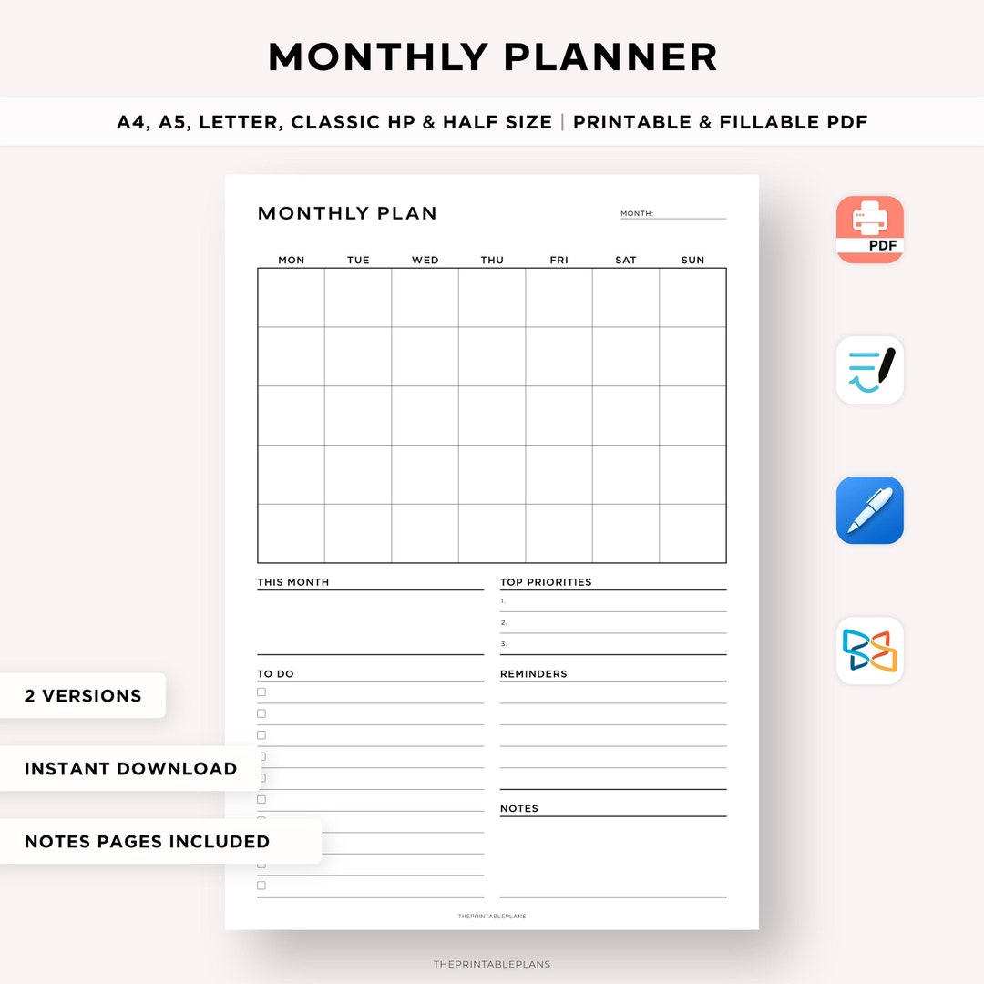 Monthly Planner Printable, Monthly Organizer, Month at a Glance ...