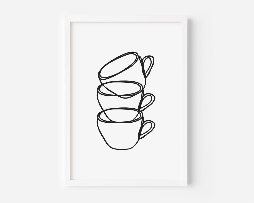 Minimal Line Drawing of 3 Cups, Abstract Coffee Art for Modern Kitchens ...