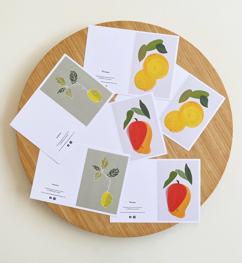 8 Greeting Cards Featuring Fruit Illustrations. Mango, Apple, Lemon ...
