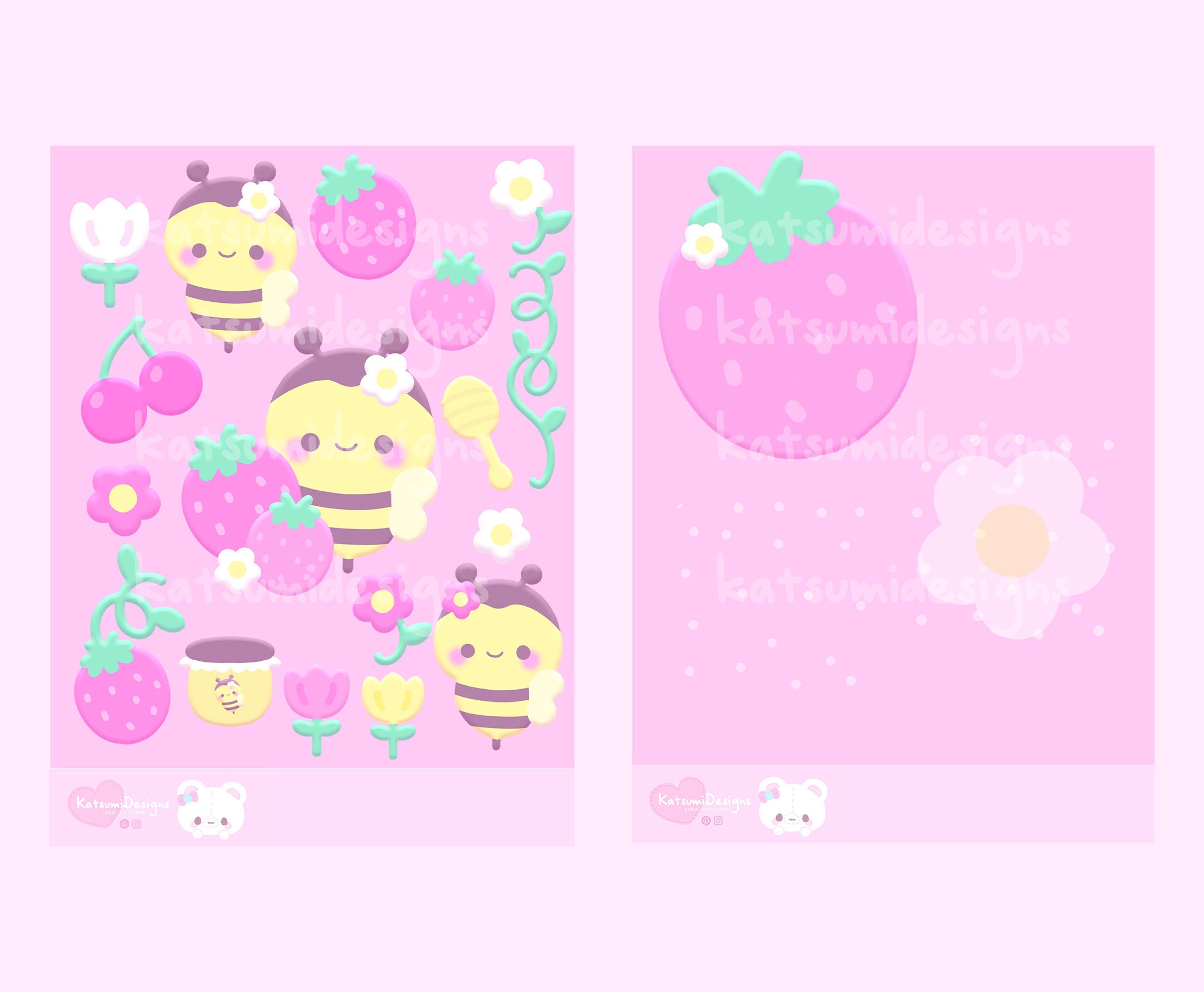 Cute Strawberry Bee Puffy Digital Stickers -digital Planner Stickers ...