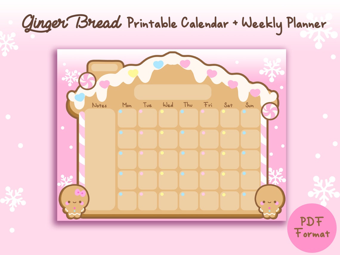 Gingerbread Christmas Weekly Planner Calendar Printable Landscape ...