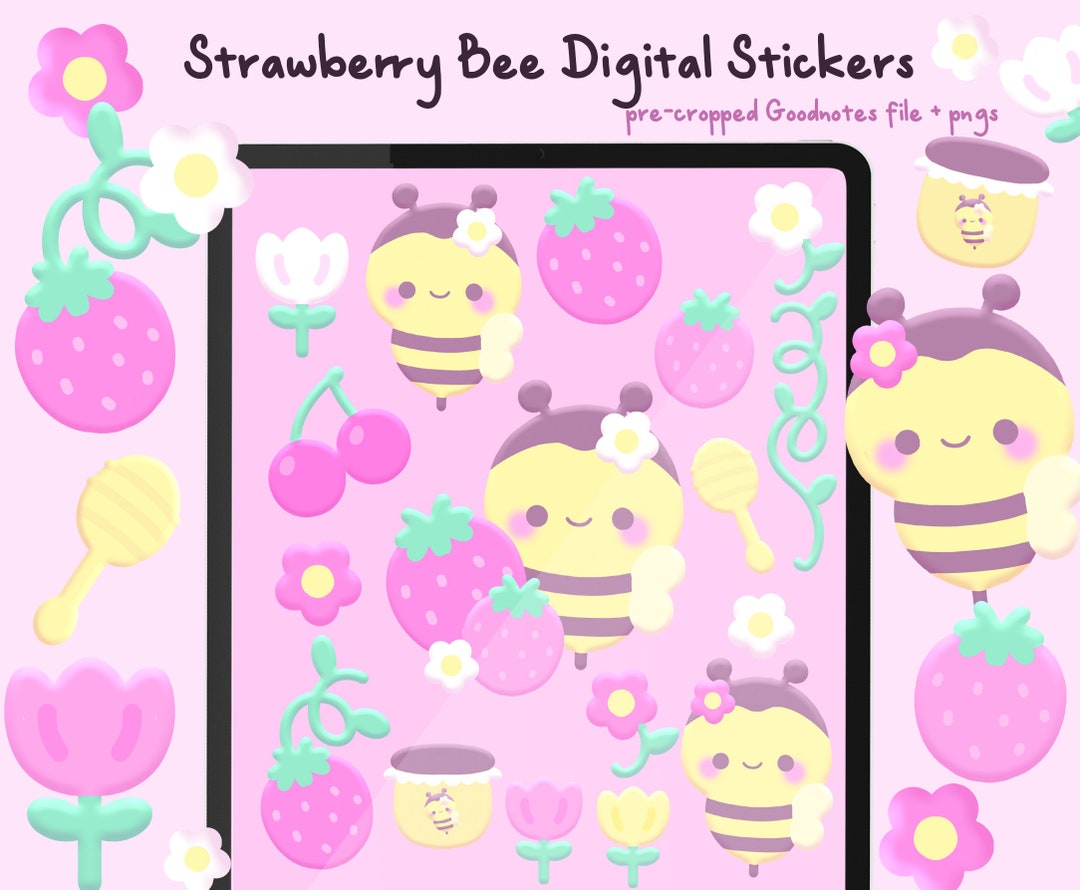 Cute Strawberry Bee Puffy Digital Stickers -digital Planner Stickers ...