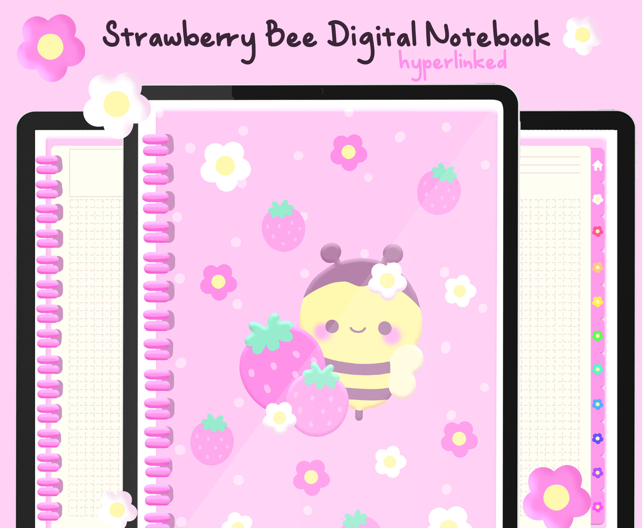 Cute Strawberry Bee Digital Notebook | Hyperlinked Goodnotes Notebook ...