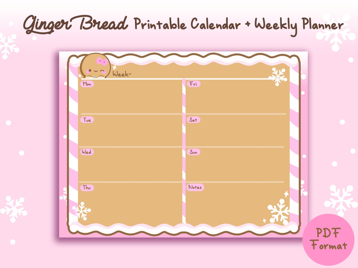 Gingerbread Christmas Weekly Planner Calendar Printable Landscape ...
