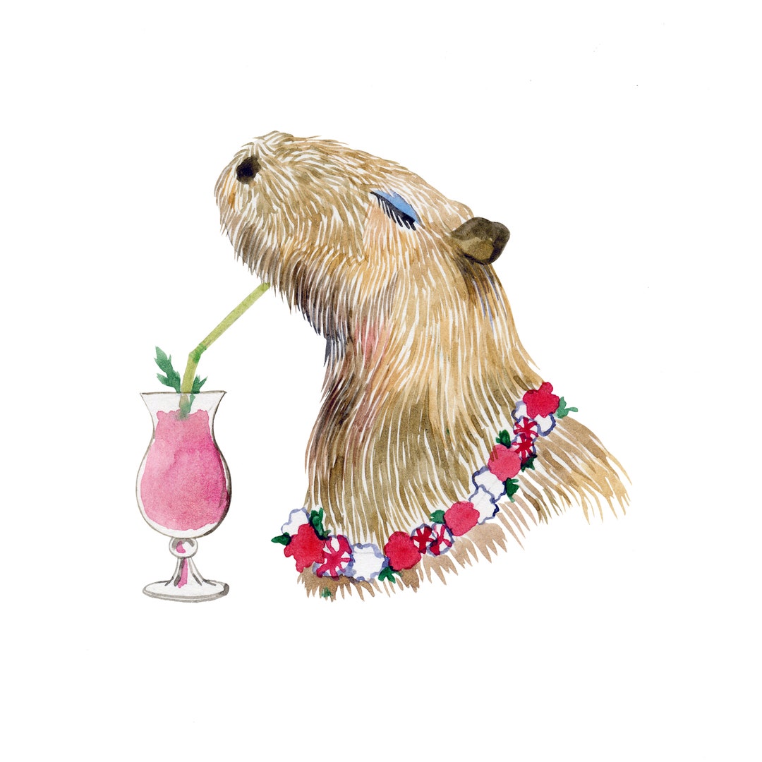 Capybara Flowers Strawberry Cocktail Watercolor Art Instant - Etsy