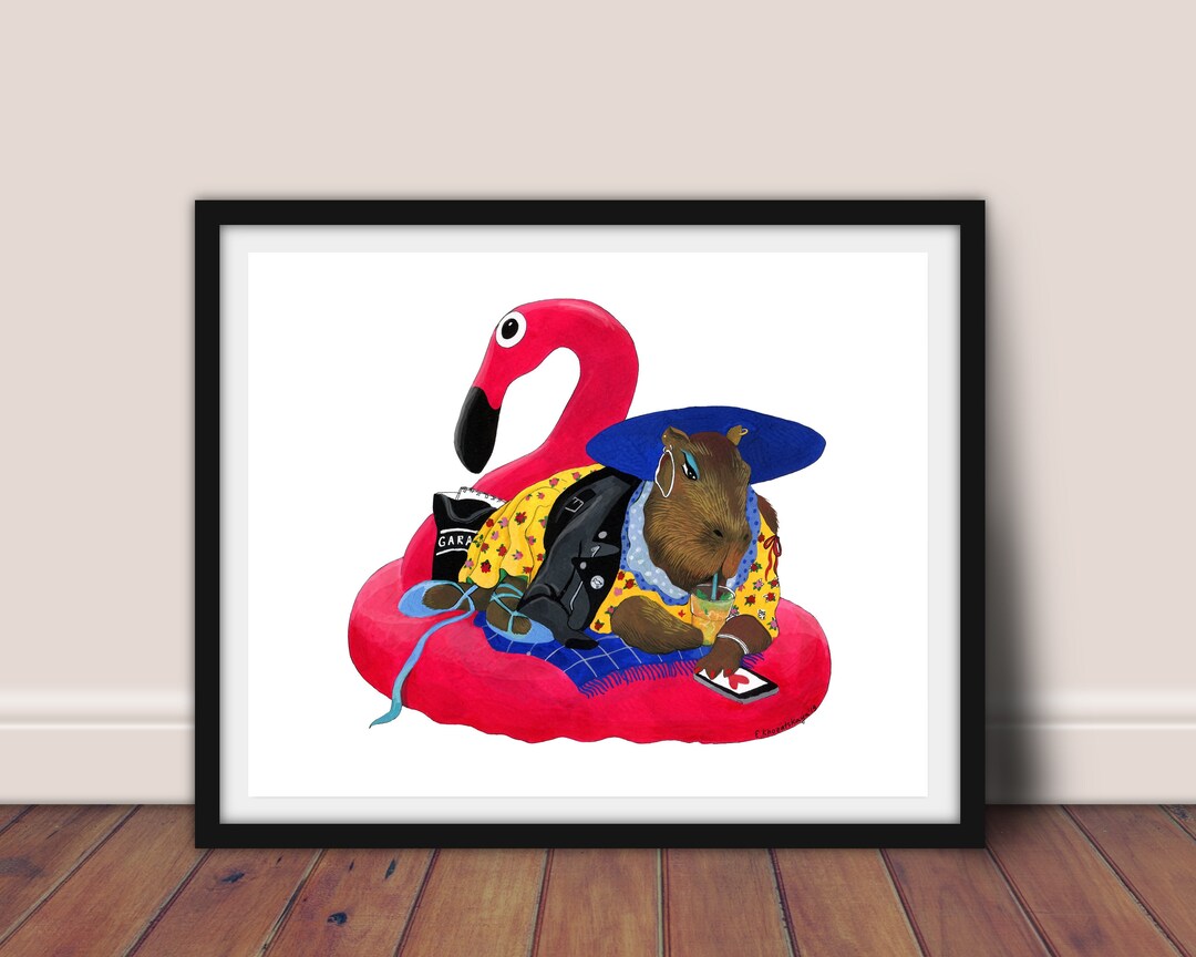 Capybara Wearing Yellow Floral Dress and Blue Hat Chilling on Pink ...