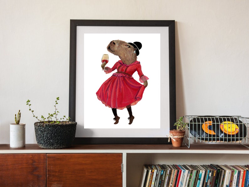 Capivara com vestido vermelho dançando guache arte para download ...
