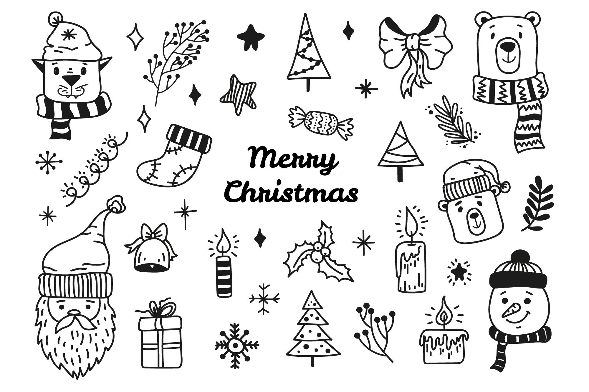 Christmas Clipart Bundle, Christmas Doodles Collection, Christmas Black ...