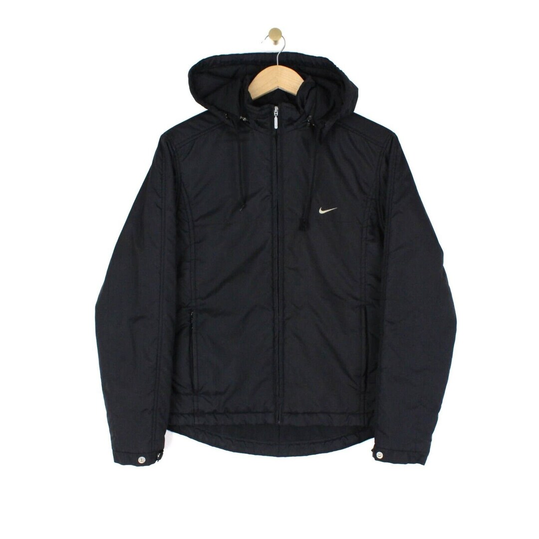 Vintage Nike Quilted Jacket Black Hooded Insulated Zipped Pockets ...