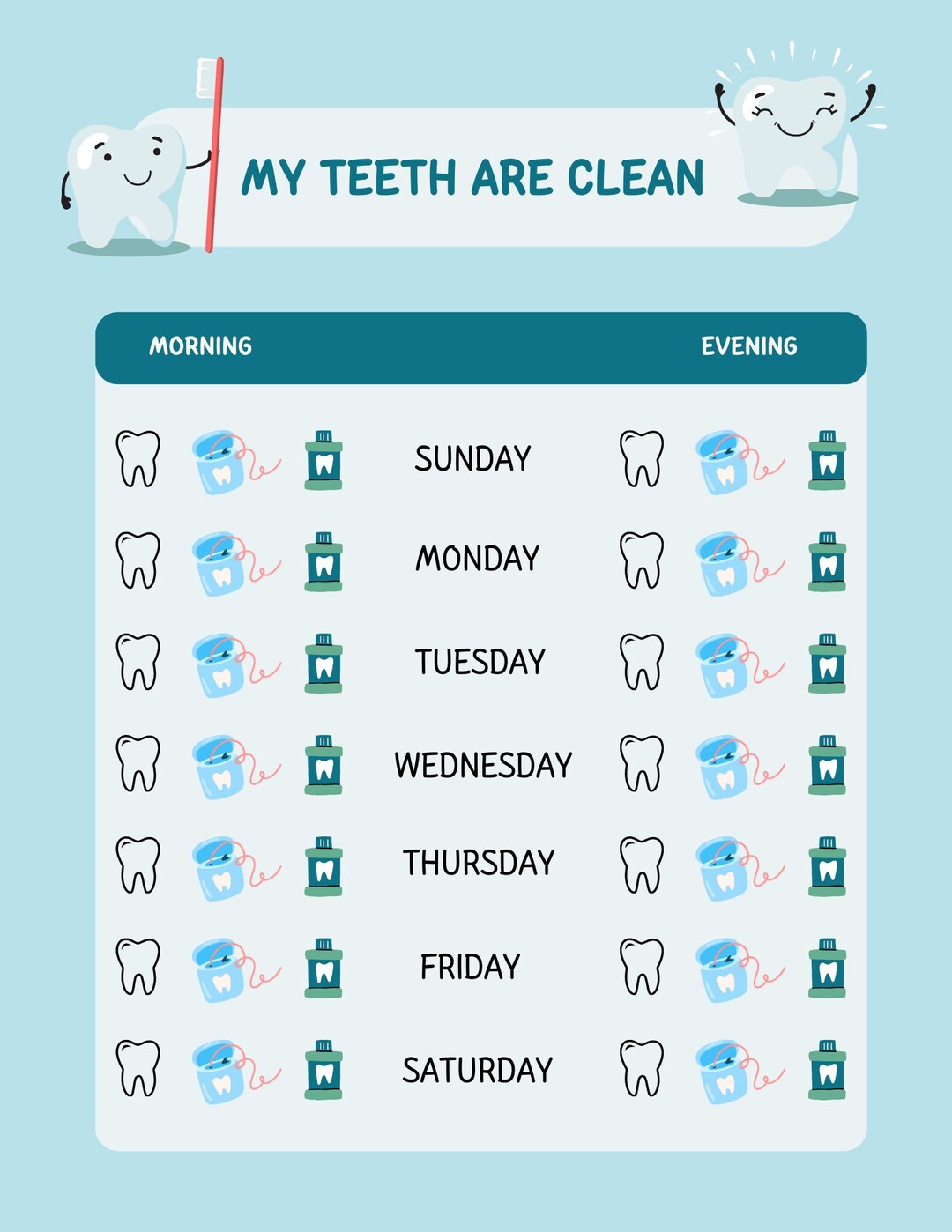 Weekly Teeth Brushing Checklist, Instant Download, Tooth Brushing ...