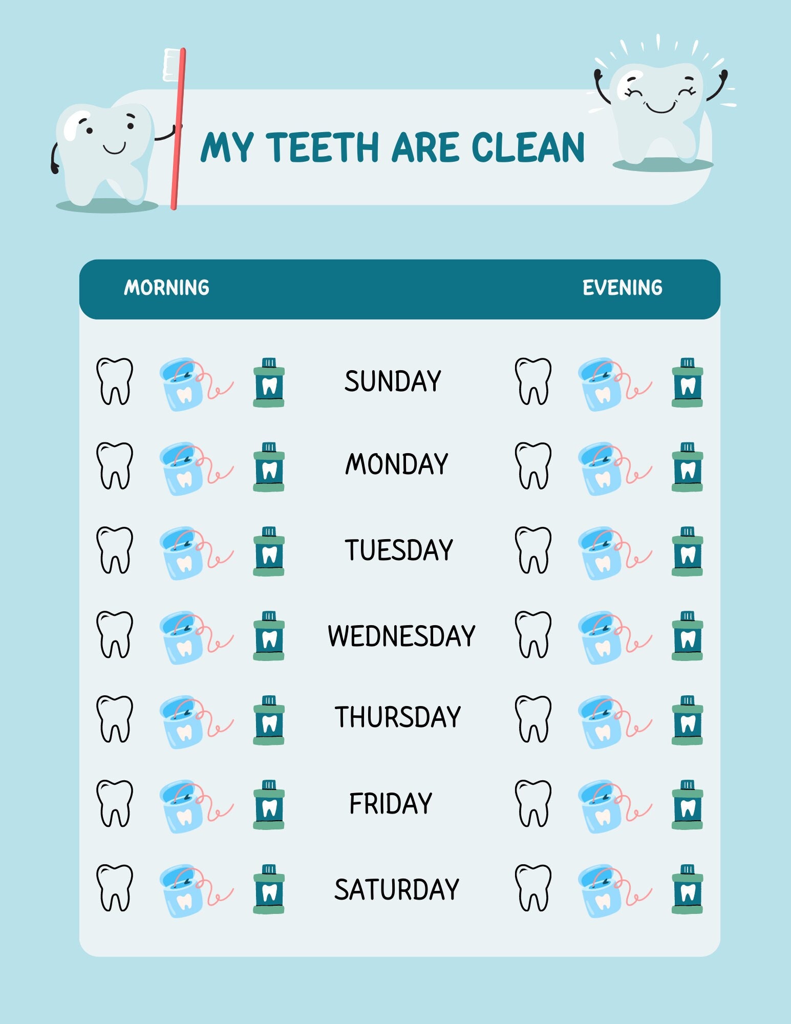 Weekly Teeth Brushing Checklist, Instant Download, Tooth Brushing ...