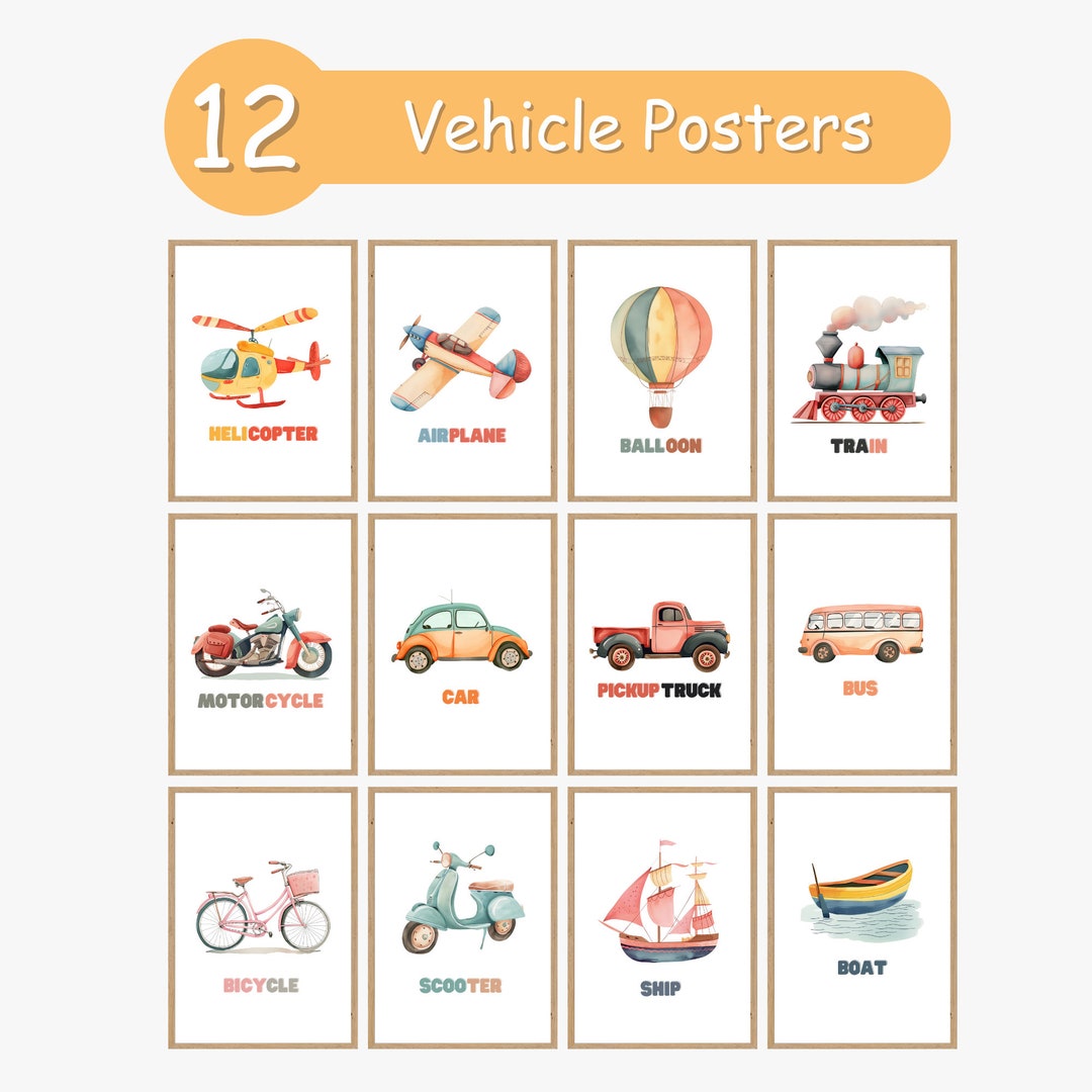 Set of 12 Vehicle Posters Homeschool Prints Montessori Classroom Decor ...
