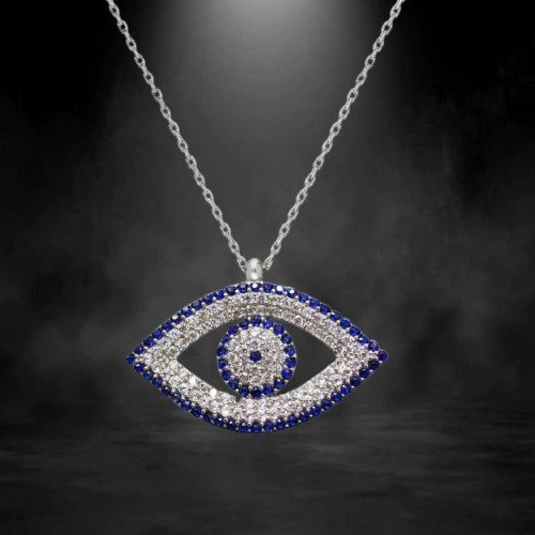 Evil Eye Diamond Necklace, 3.8 Ct Blue Sapphire & Diamond Pendant, 14K White Gold, Dainty Evil ...