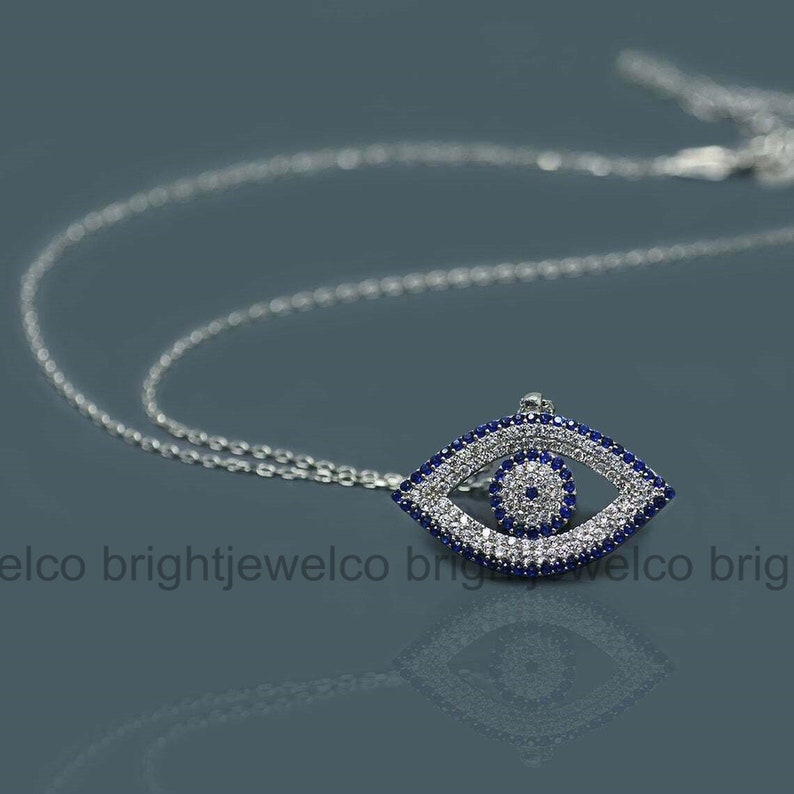 Evil Eye Diamond Necklace, 3.8 Ct Blue Sapphire & Diamond Pendant, 14K ...