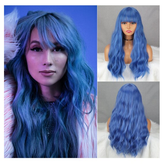 Blue Long Wavy Wig Have Bangs Wave Heat Synthetic Fiber - Etsy