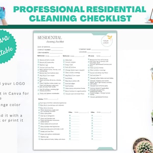 Professional Residential Cleaning Checklist Template, Editable Canva ...