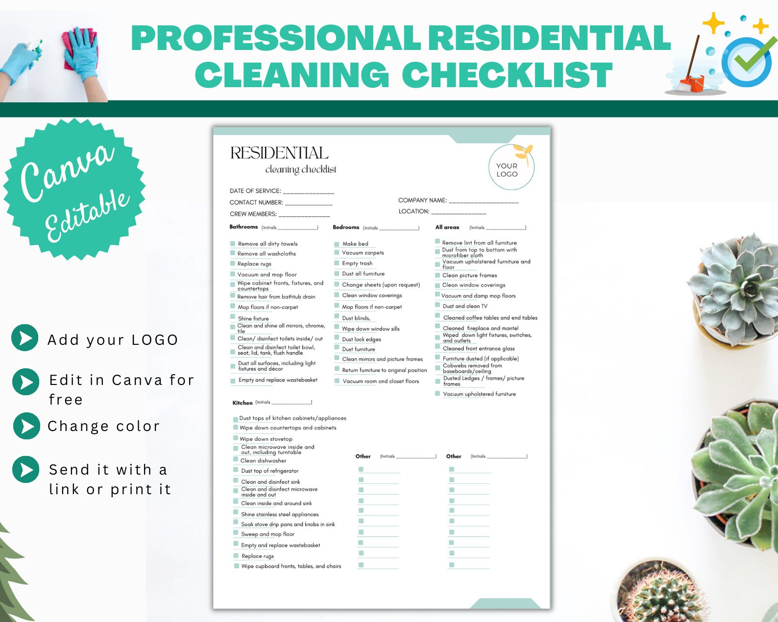 Professional Residential Cleaning Checklist Template, Editable Canva ...