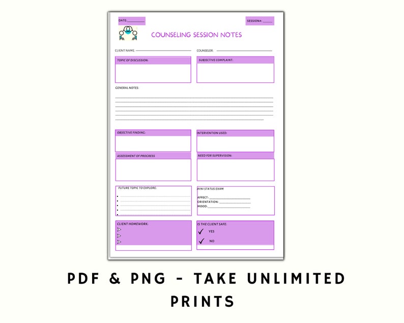 Counseling Session Notes Template: Therapist Printable (PDF & PNG) - Etsy