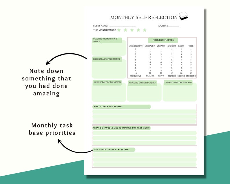 Wellness Monthly Self Reflection Form green Manifestation - Etsy