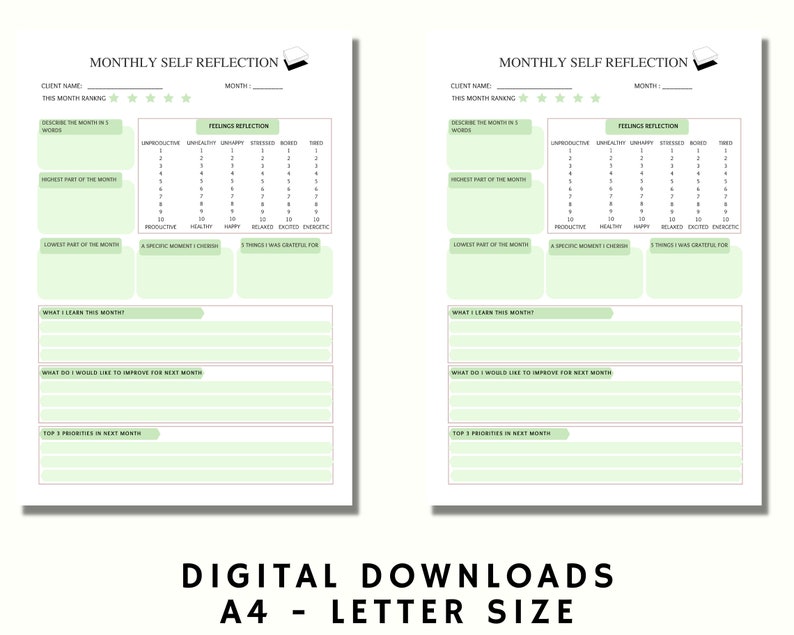 Wellness Monthly Self Reflection Form green Manifestation - Etsy