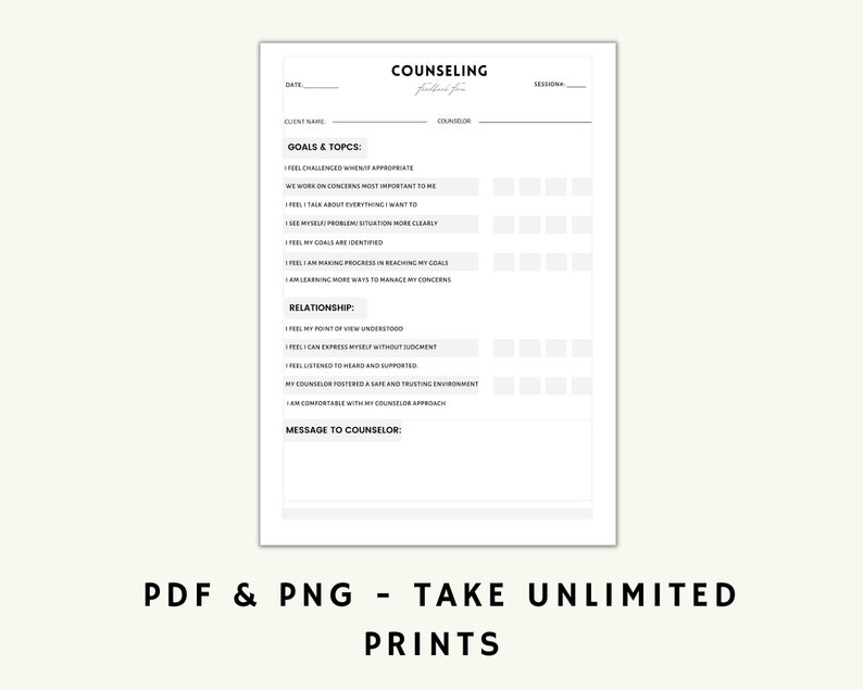 Counseling Feedback Form: Client Survey, Therapist Documentation ...