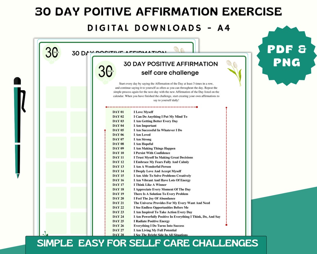 Monthly Positive Affirmation Exercise Sheets, Self Care Challenge, 30 ...