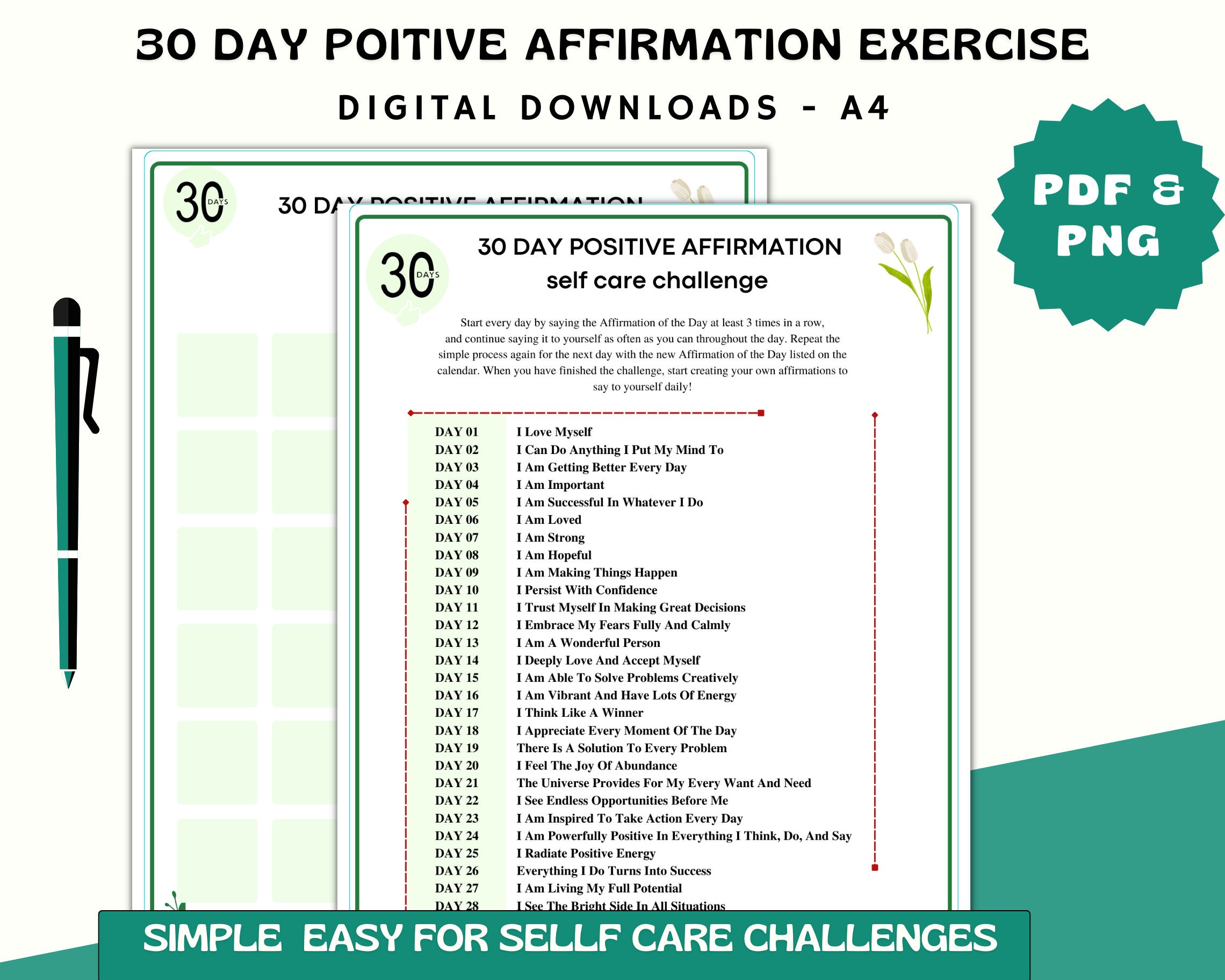 Monthly Positive Affirmation Exercise Sheets, Self Care Challenge, 30 ...