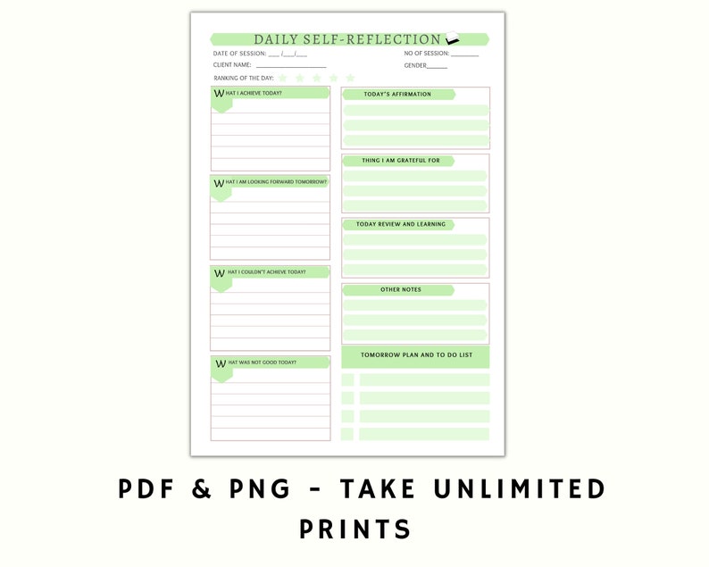 Daily Self Reflection Template, Reflection Daily Journal Notes, Daily ...