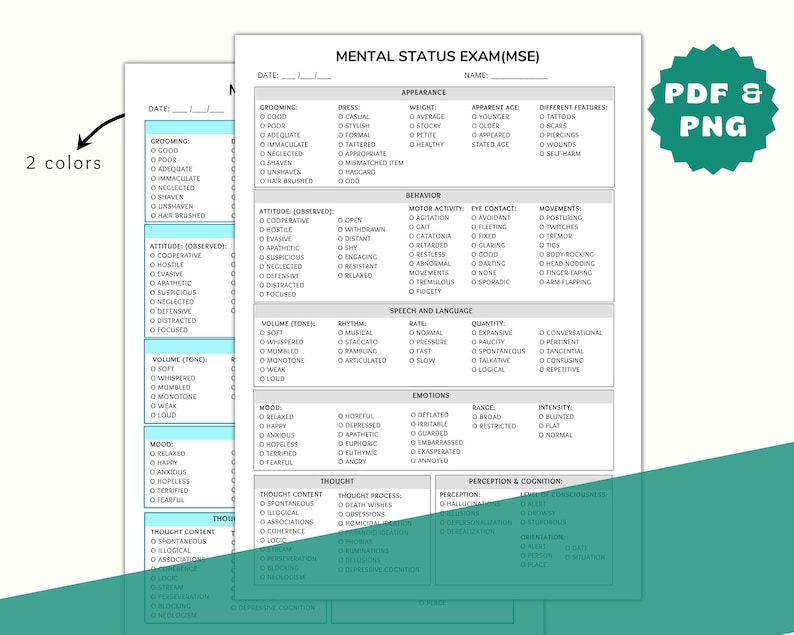 Mental Status Exam, MSE Reports Worksheet, MSE Observations for Patient ...