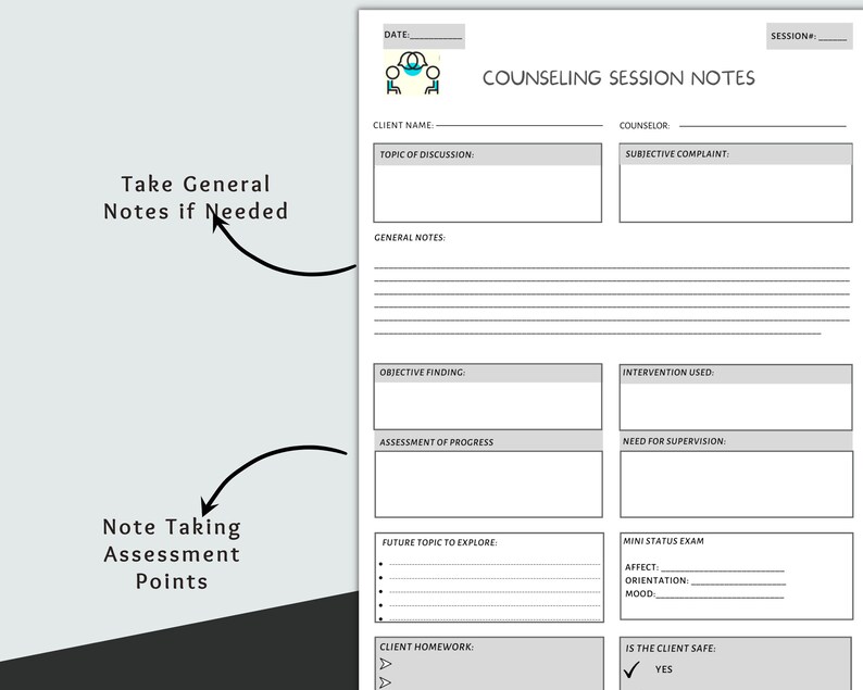 Counselling Session Notes Form (gray), Therapists Printable, Progress ...