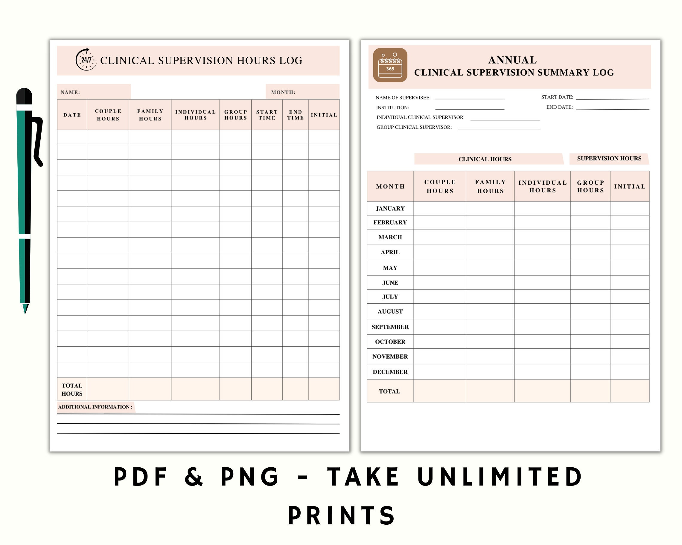 Clinical Supervision Form and Hours Log & Annual Summary, Assessment ...
