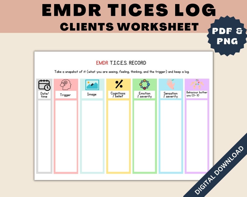 EMDR Tices Log Client Worksheets, Therapy Ebooks, Trauma, Anxiety ...