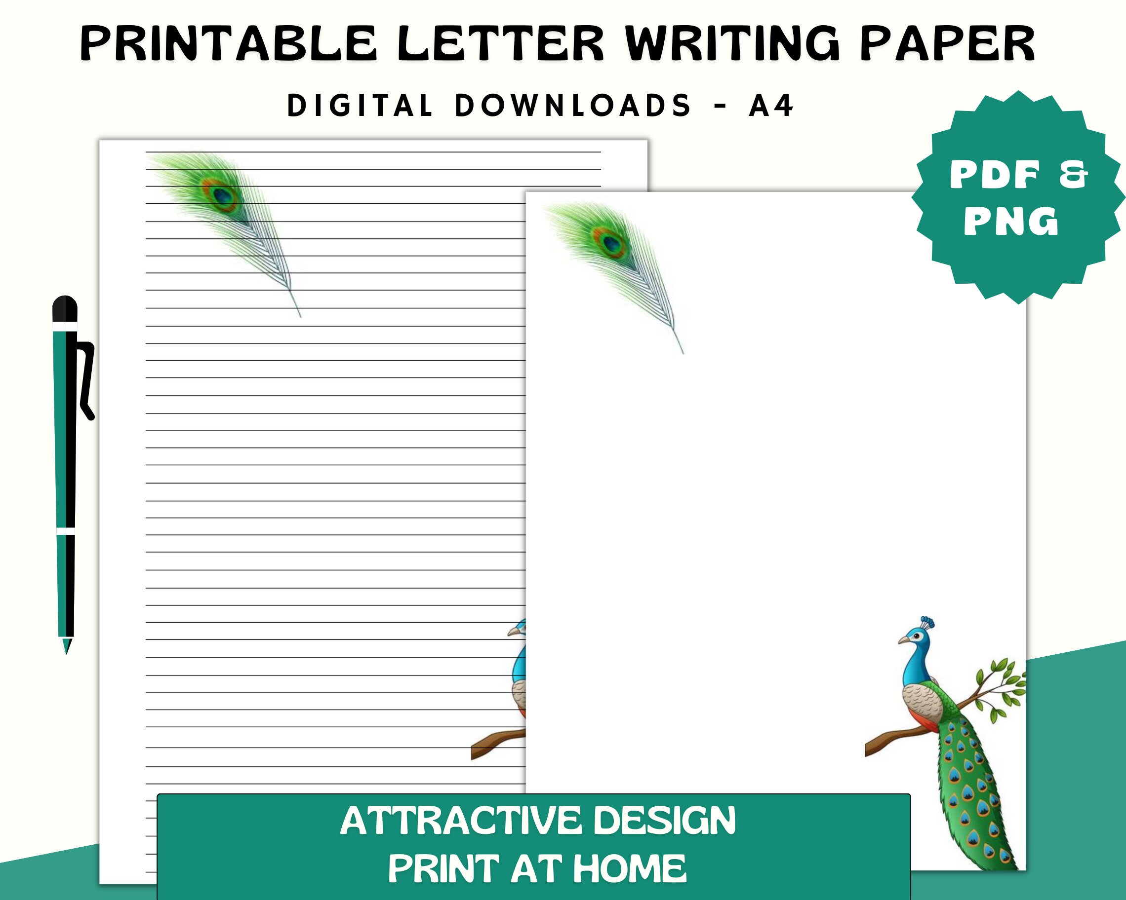 Printable Stationery Writing Letterhead, Printable Green Peacock ...