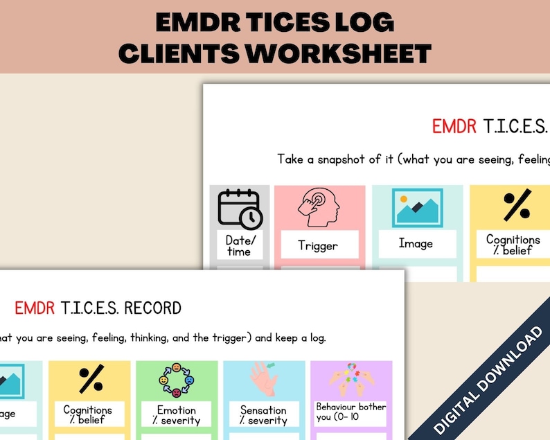 EMDR Tices Log Client Worksheets, Therapy Ebooks, Trauma, Anxiety ...