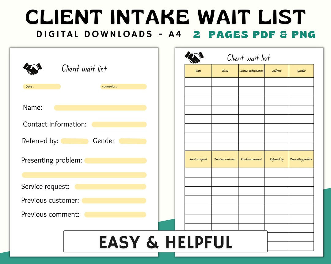 Onboarding New Client Processing Form (yellow), New Client Intake Form ...