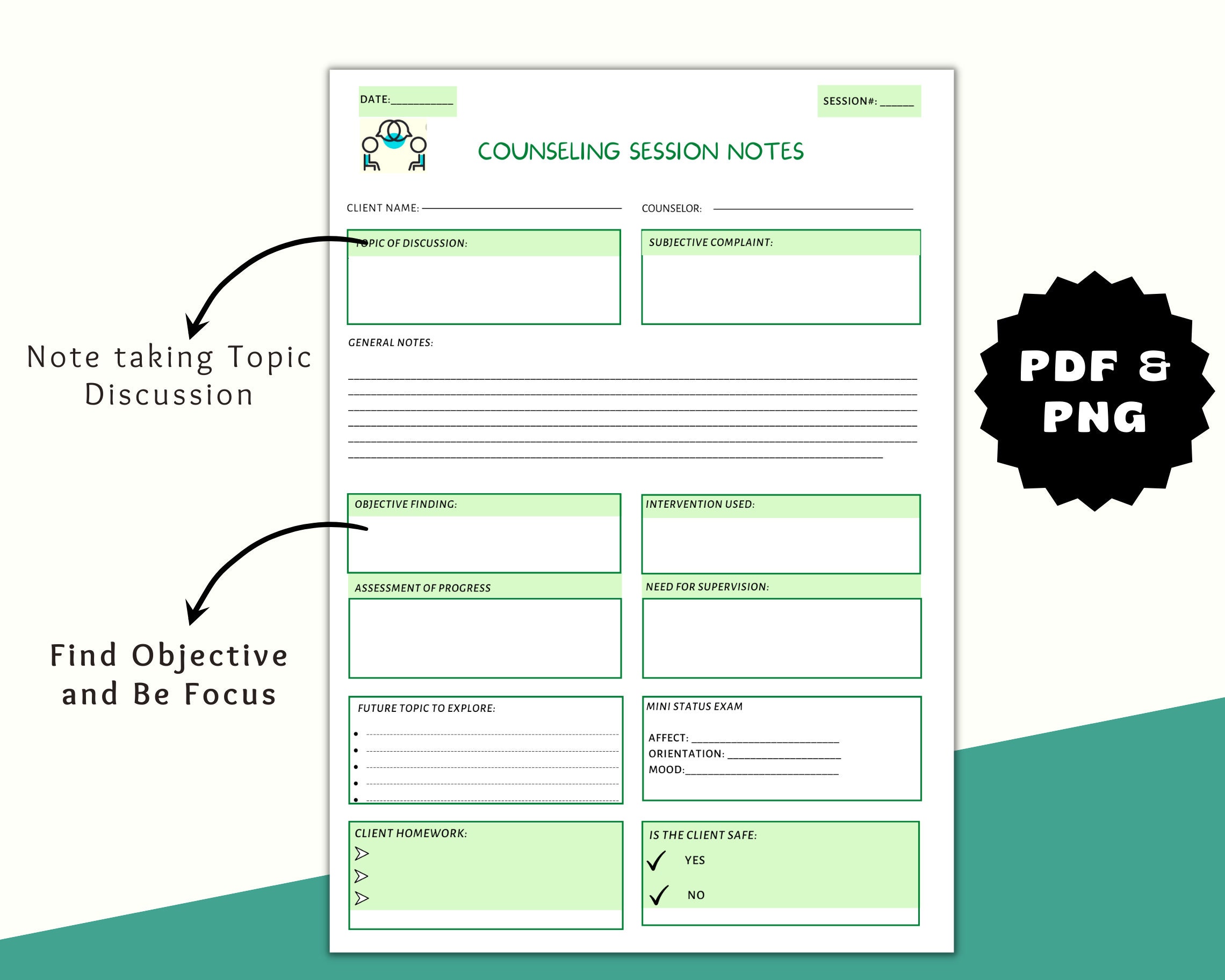 Counselling Session Notes Form (green), Therapists Printable, Progress ...